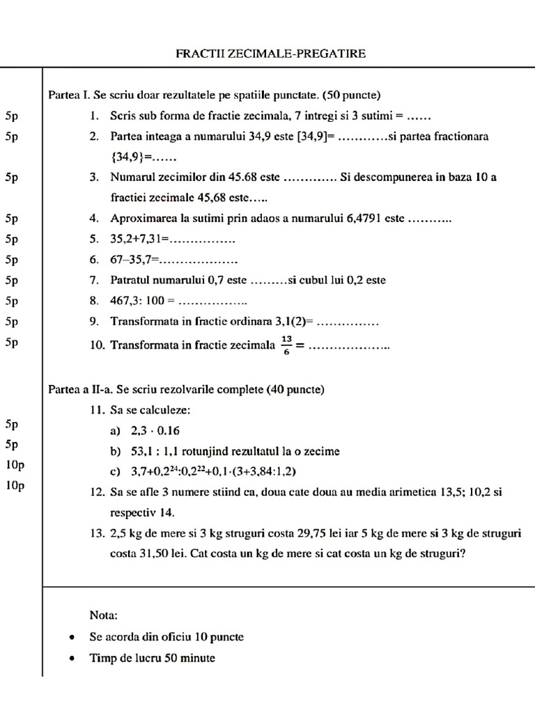 Test Clasa A 5 Sem 2 Fractii Zecimale | PDF