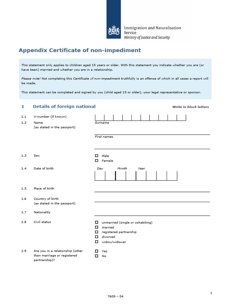 Blank Appendix Certificate of Non-Impediment | PDF | Marriage | Widow