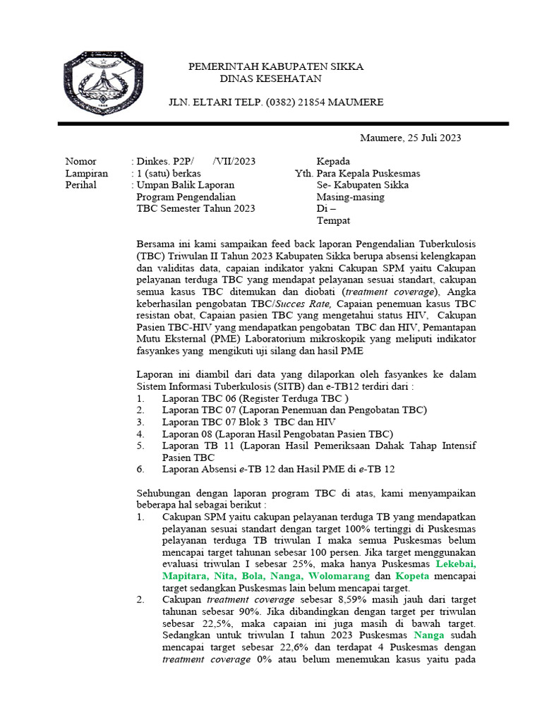 Surat TB Feed Back. Semester I 2023 | PDF