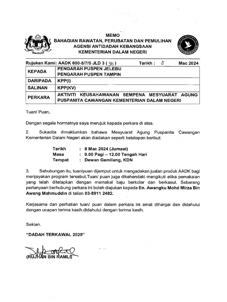 Memo Aktiviti Keusahawanan Puspanita KDN 2024 | PDF