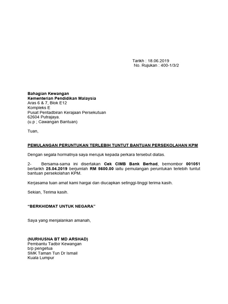 Cover Letter Hantar Cek Ke KPM | PDF