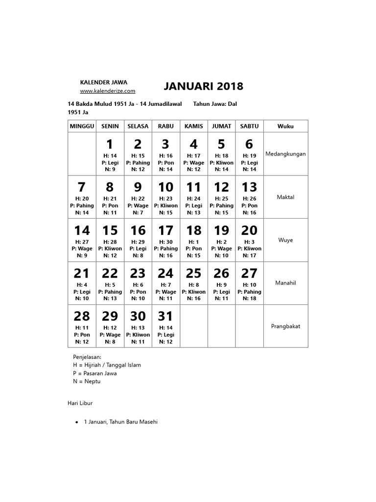Qbocu Kalender Jawa 2018 Januari | PDF