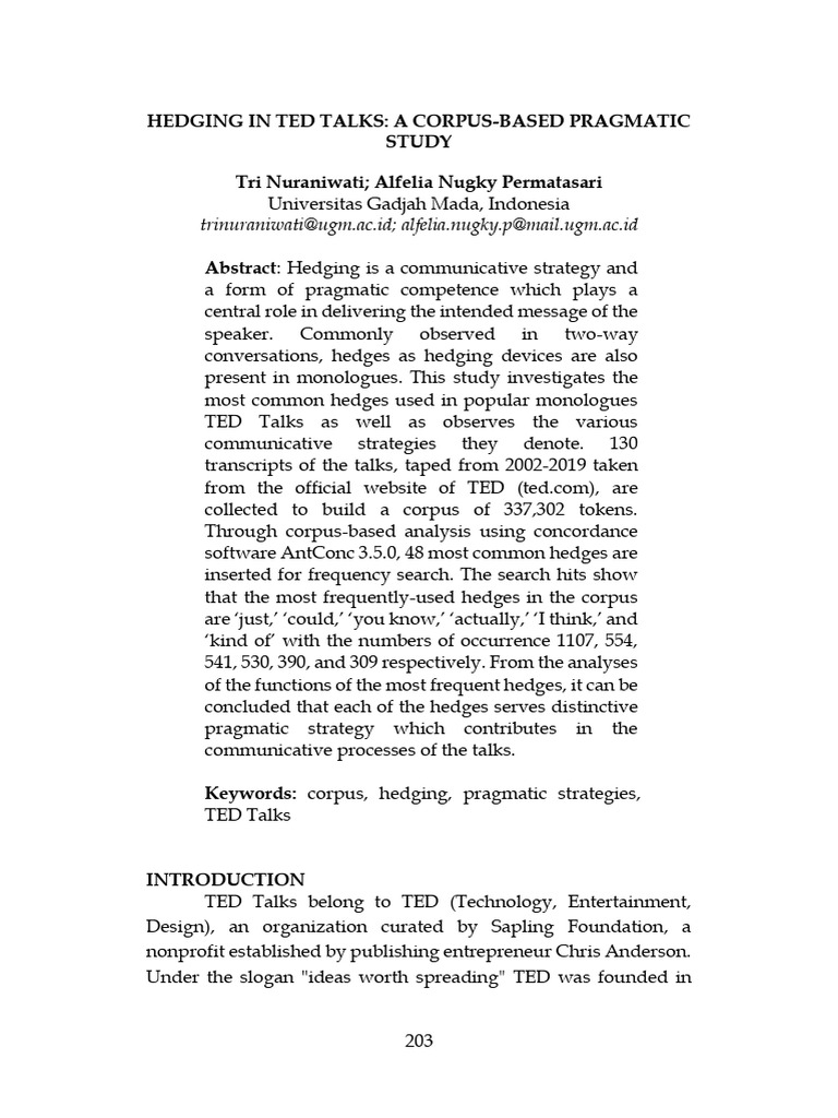 Hedging in Ted Talks - A Corpus-Based Pragmatic Study | PDF ...