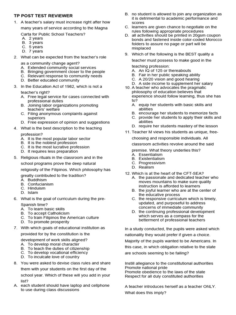 Tp Post Test Reviewer | PDF | Teachers | Learning
