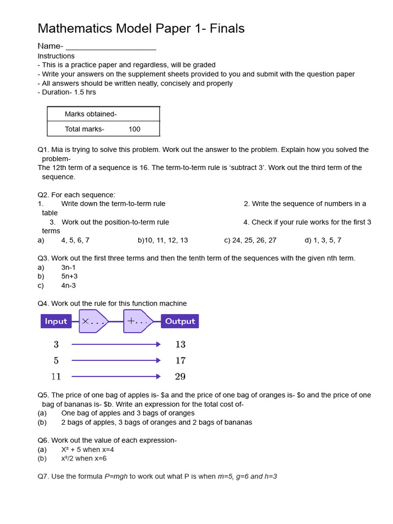 Mathematics Model Paper 1 - Finals | PDF
