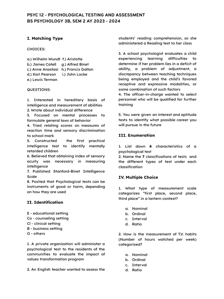 Psych Assessment Quizzes | PDF | Validity (Statistics) | Level Of ...