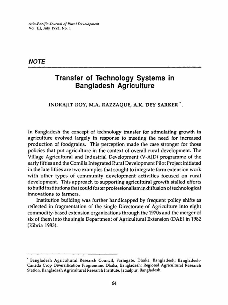 Technology Transfer System in Bangladesh Agriculture | PDF