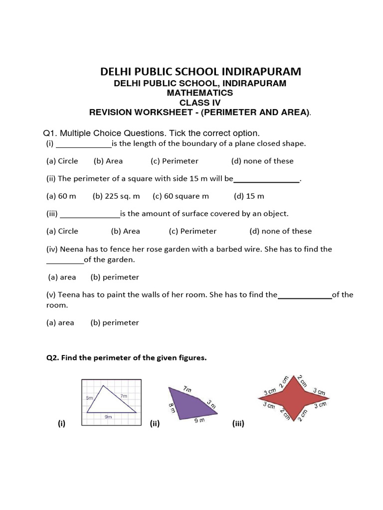 Class IV Math Revision Worksheet Perimeter and Area | PDF | Teaching ...