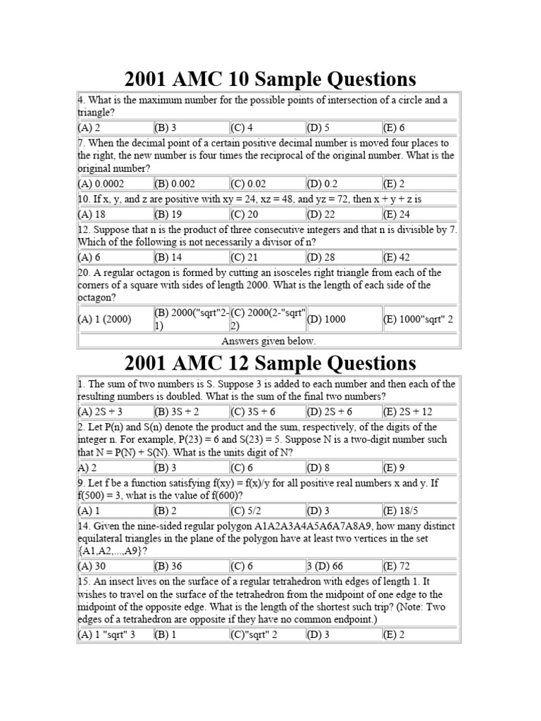 2001 AMC 10 Sample Questions | PDF | Tetrahedron | Triangle