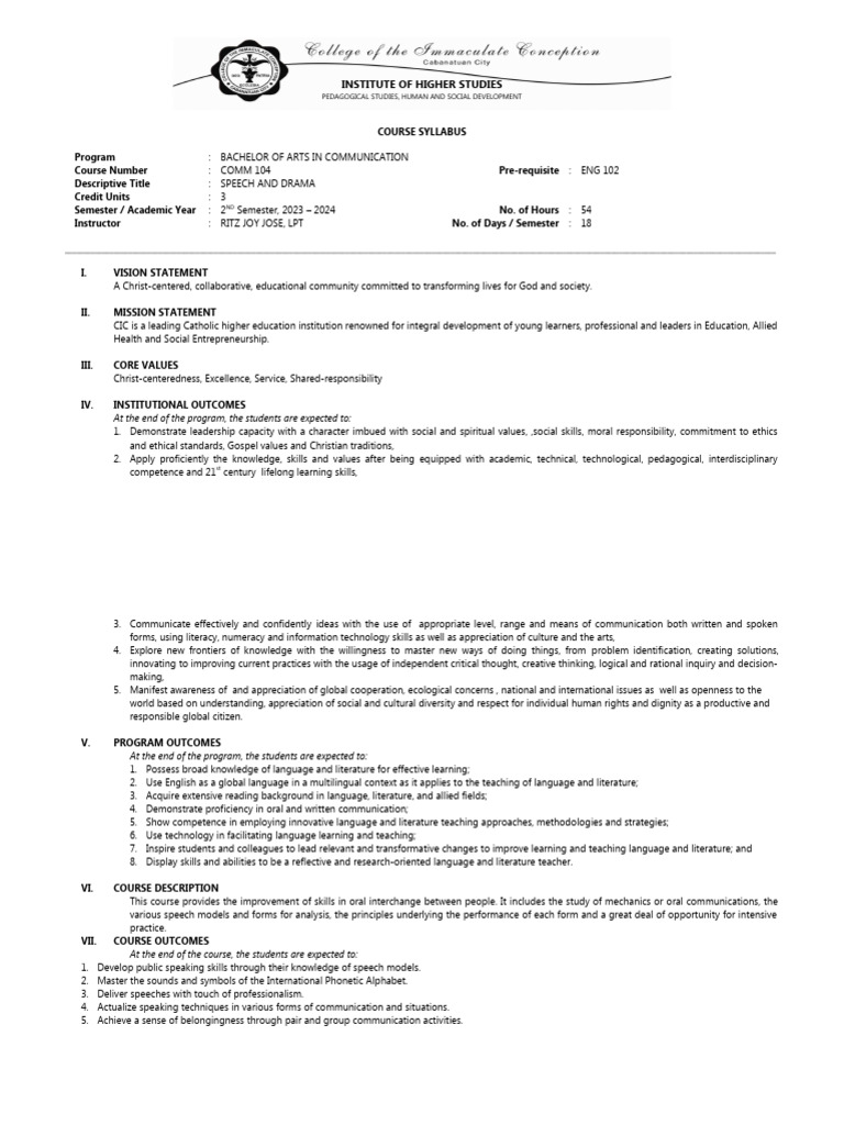 COMM 104 (Syllabus) | PDF | Communication | Public Speaking