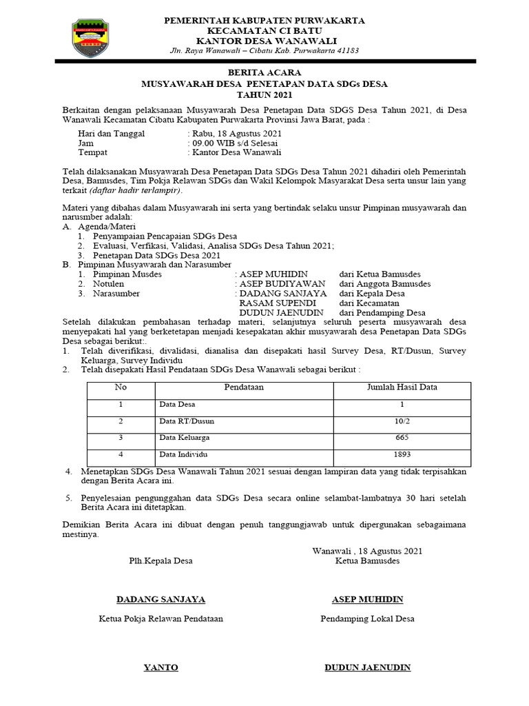 BA Musdesus Penetapan Data SDGs Desa | PDF