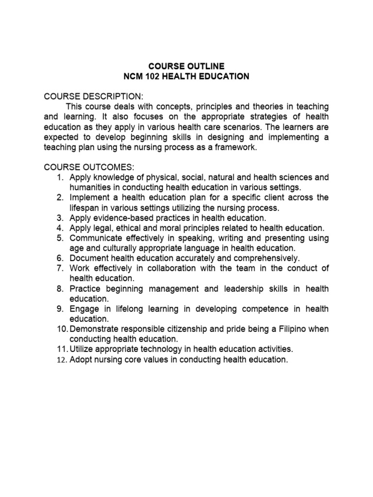 Course Outline NCM 102 HEALTH EDUCATION | PDF | Learning | Health Education