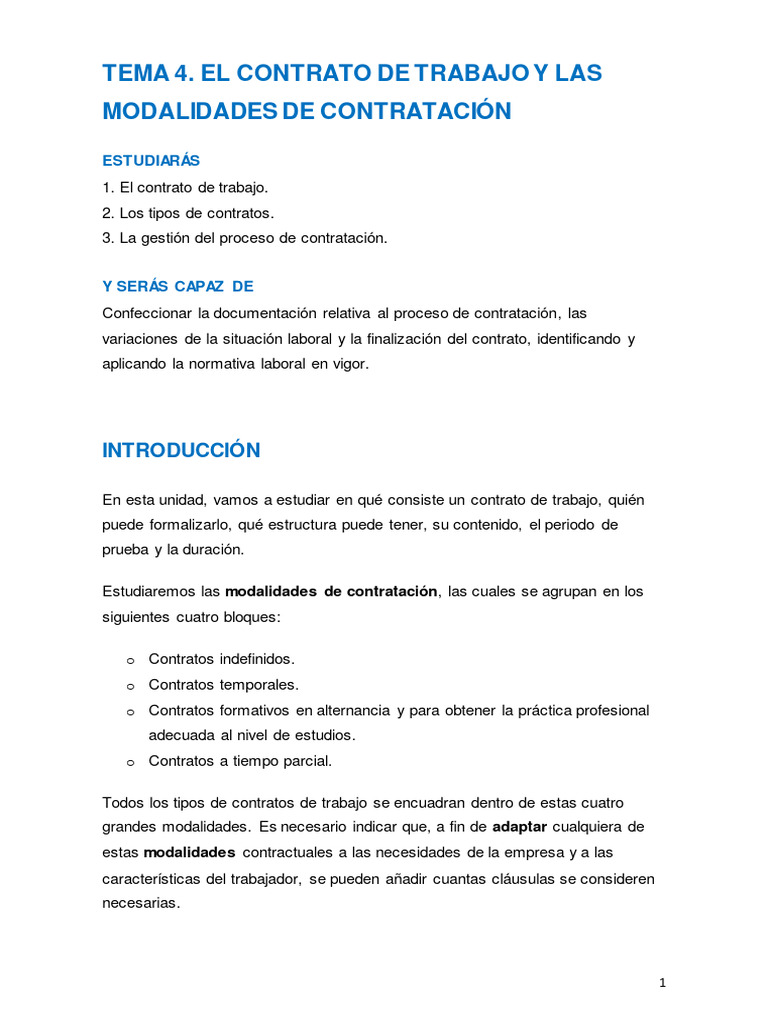 Teoría Tema 4. El Contrato de Trabajo y Las Modalidades de Contratación | PDF