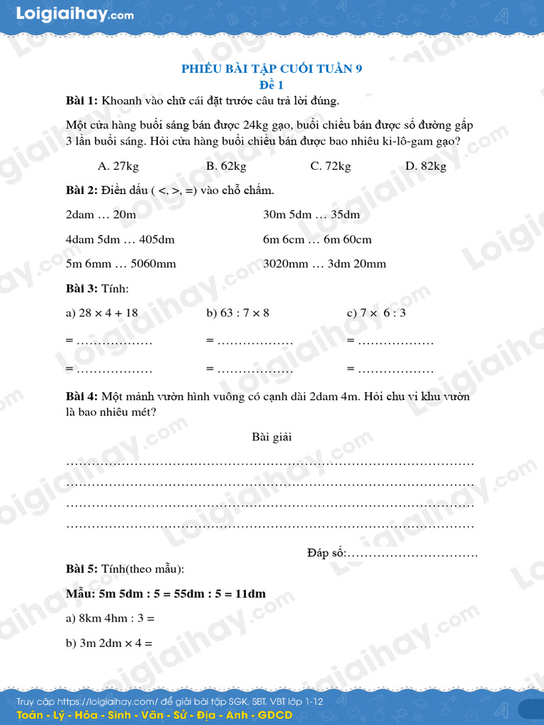 Phieu Bai Tap Cuoi Tuan 9 de 1 | PDF