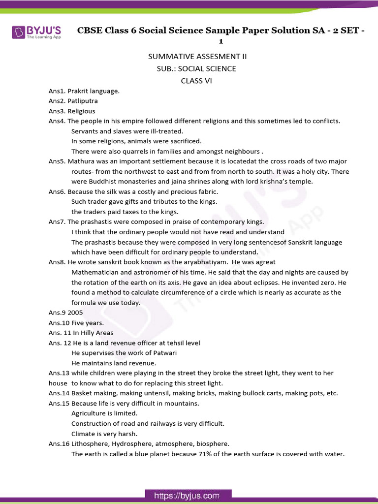 CBSE Class 6 Social Science Sample Paper Solution SA 2 SET 1 | Download Free PDF | Rain | Earth