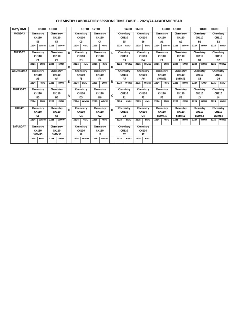 CHEMISTRY LAB SESSIONS TIMETABLE - 2023-24a | PDF | Chess Theory | Chess