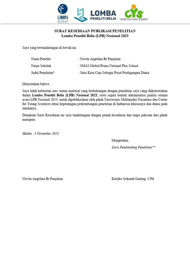 LPB NASIONAL 2023 - Surat Kesediaan Publikasi | PDF