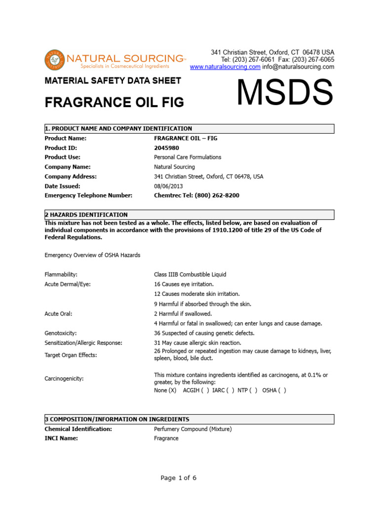 MSDS Fragrance Oil Fig | PDF | Dangerous Goods | Perfume