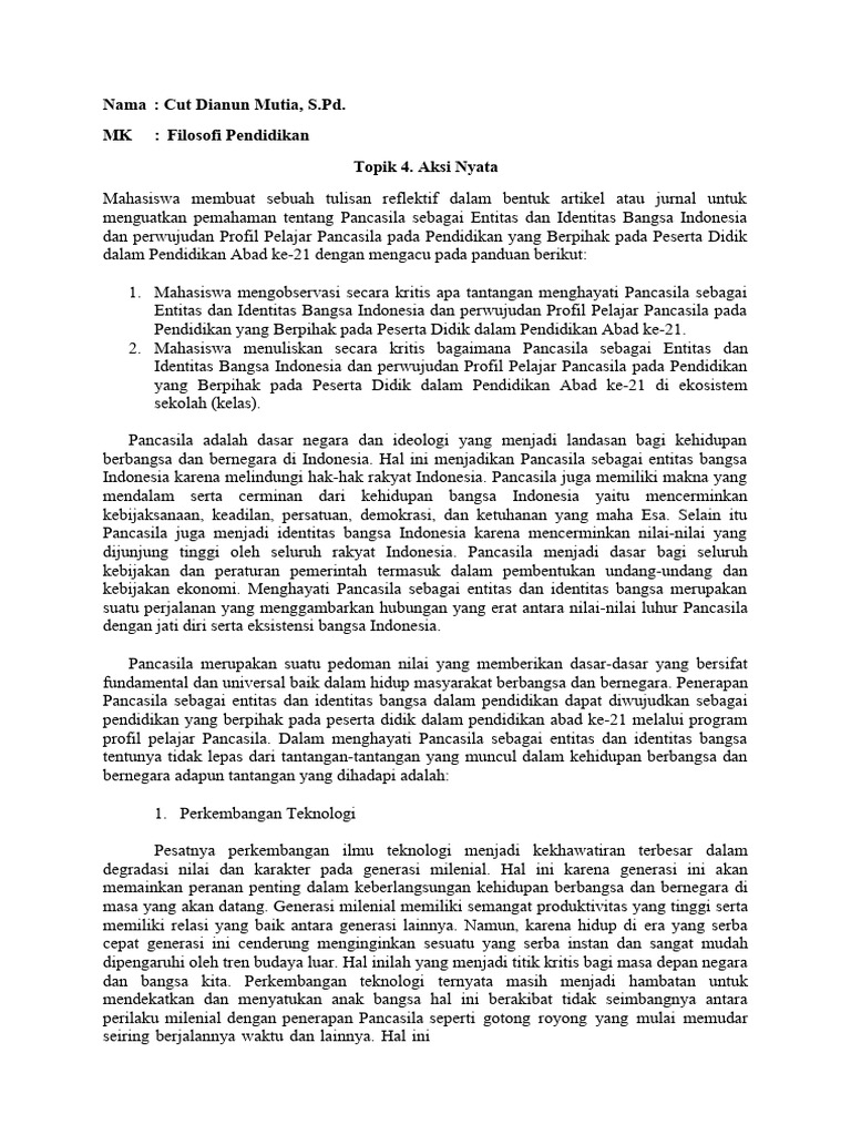 Topik 4 Aksi Nyata Filosofi Pendidikan Cut Dianun Mutia | PDF | Karier & Perkembangan