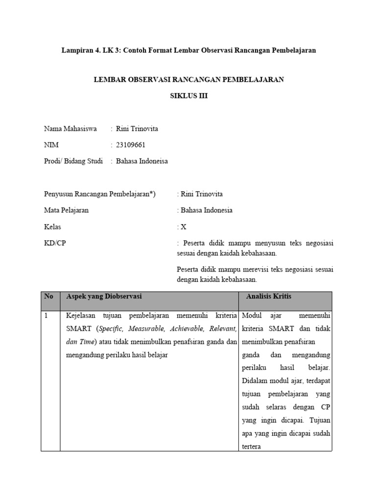 Lampiran 4. LK 3 Contoh Format Lembar Observasi Rancangan Pembelajaran ...