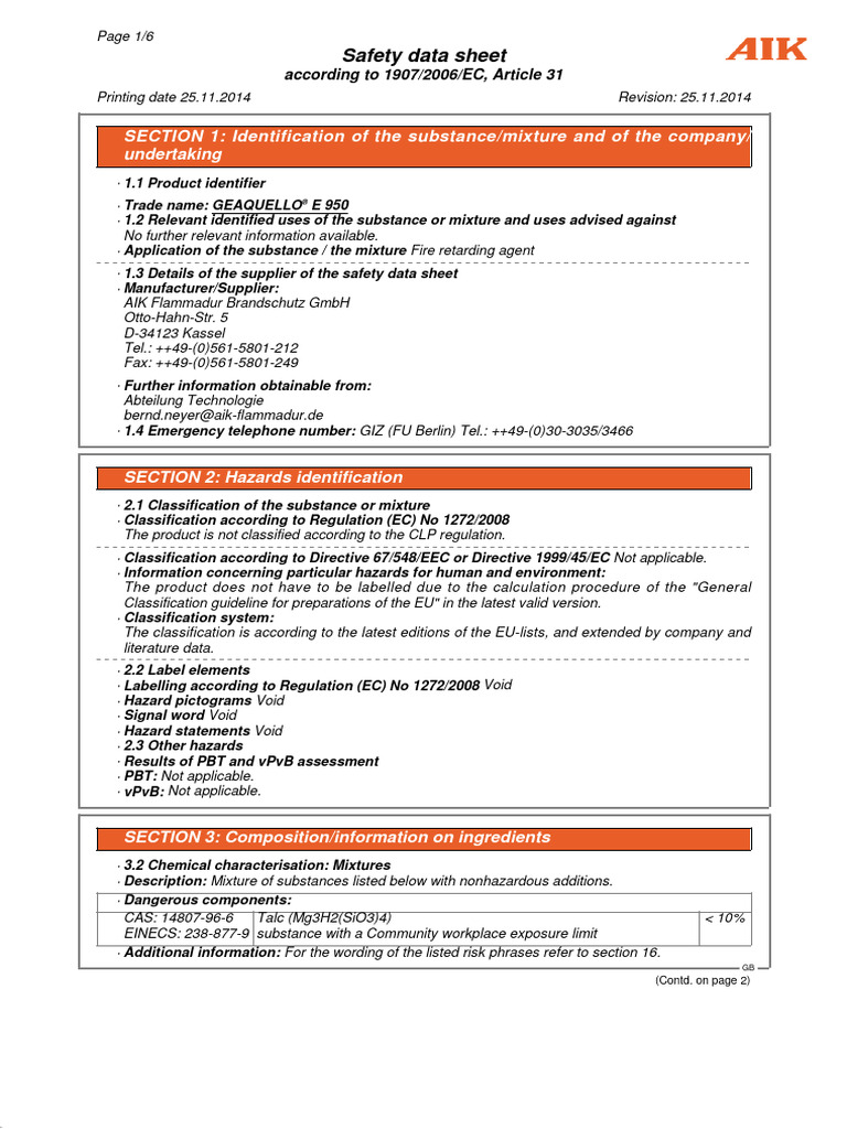 MSDS Geaquello ® - e - 950 - (GB-) | Download Free PDF | Chemical ...