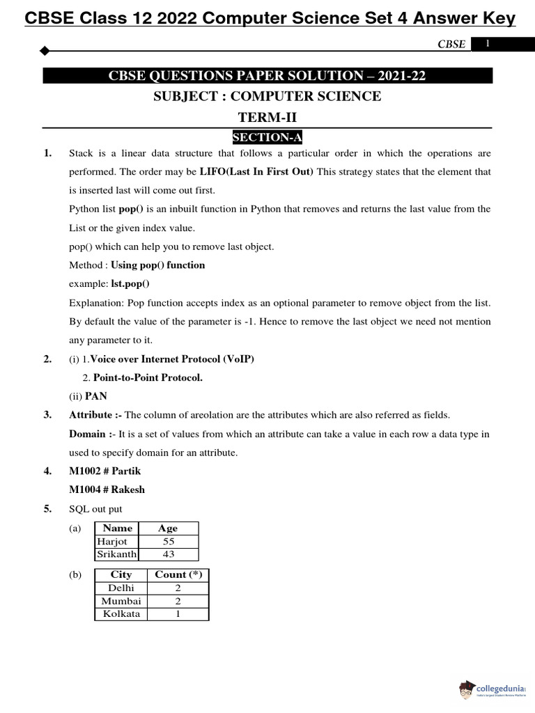 Cbse Questions Paper Solution - 2021-22: Subject: Computer Science Term ...