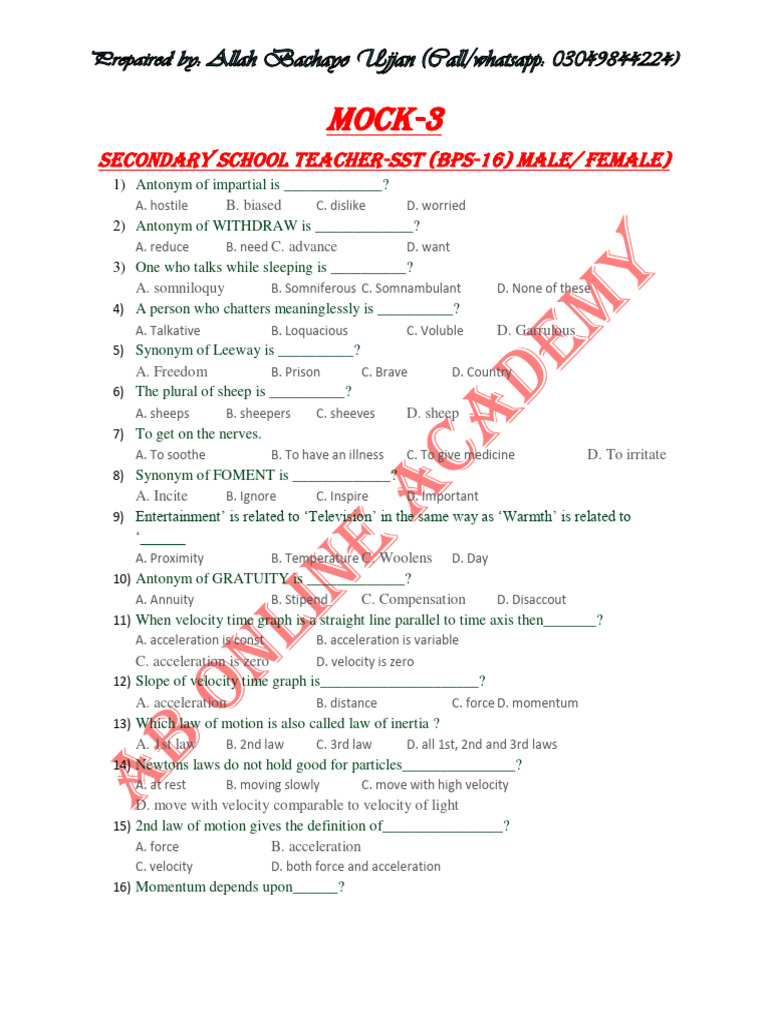 Sst-Mock-3 Key | PDF | Momentum | Molecules