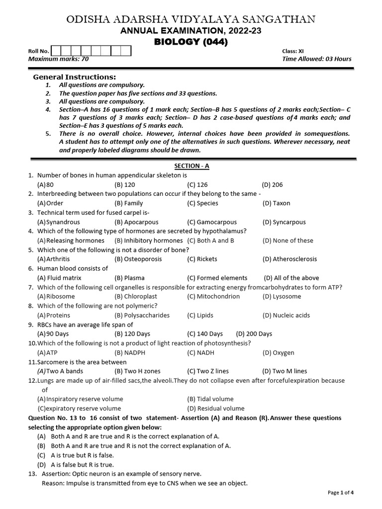 23 Xi Biology Annual QP | PDF | Excretion | Cell (Biology)