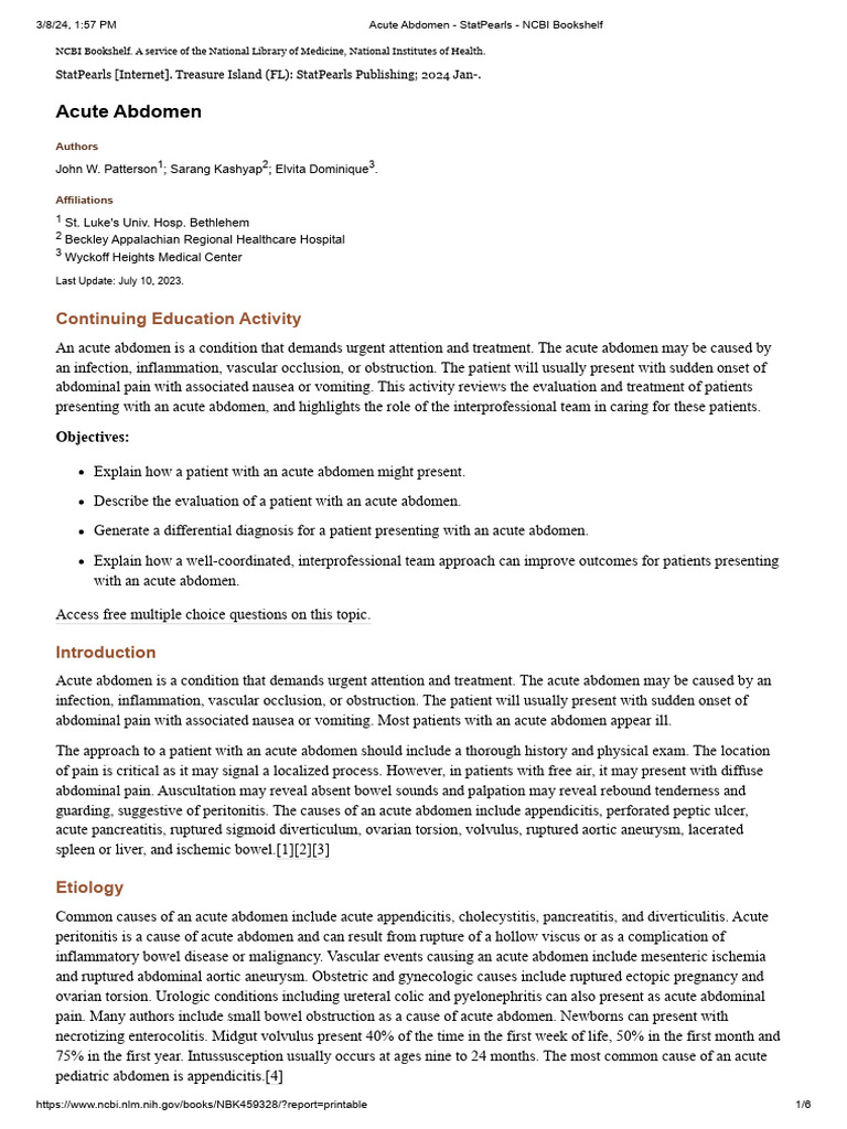 Acute Abdomen - StatPearls - NCBI Bookshelf | Download Free PDF ...