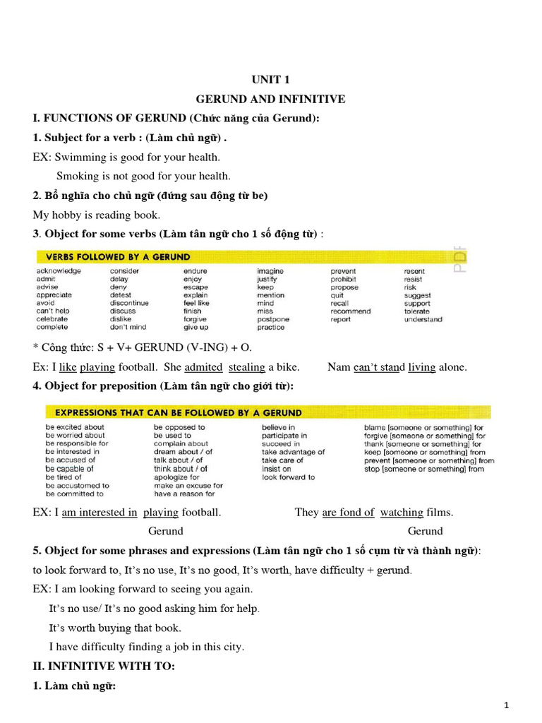 Unit 1 - Grammar - Gerund and Infinitive | PDF