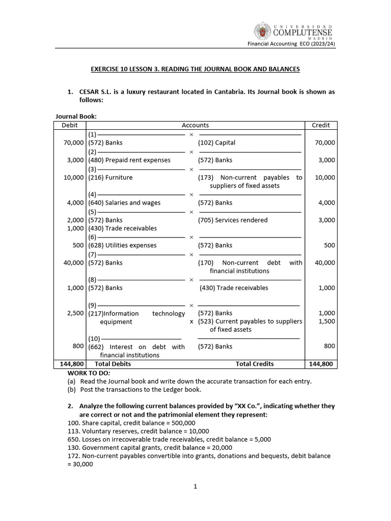 EXERCISE 10_Reading Journal and balances | PDF | Debits And Credits ...