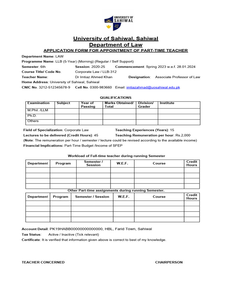 Part-Time Teacher Application - Law Dept. | PDF | Career & Growth ...