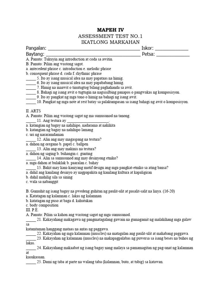 ST - Mapeh 4 - Q3 | PDF