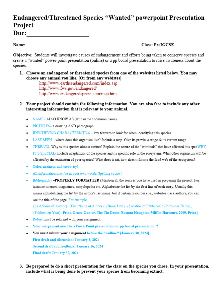 Class Project 1-Endangered Species | PDF | Predation | Endangered Species