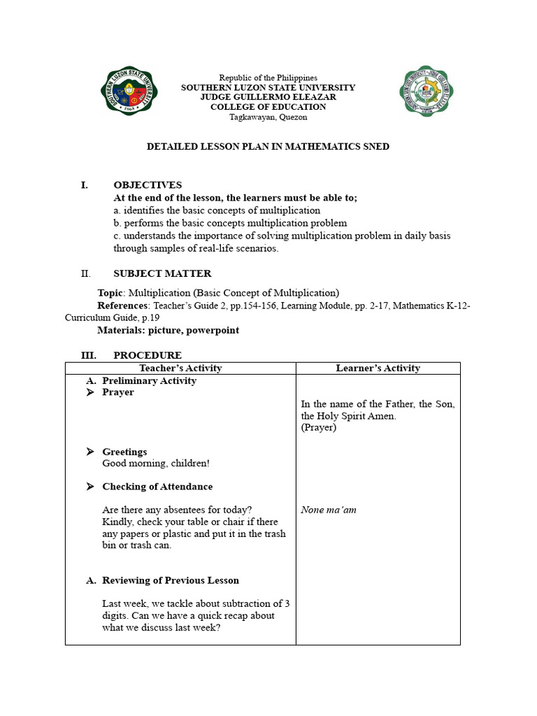 Detailed Lesson Plan in Math Sned 3 | PDF | Multiplication | Cognition