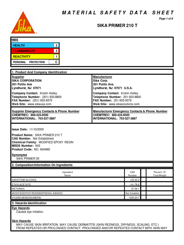 Msds-Sika Primer 210T | PDF | Firefighting | Hazards