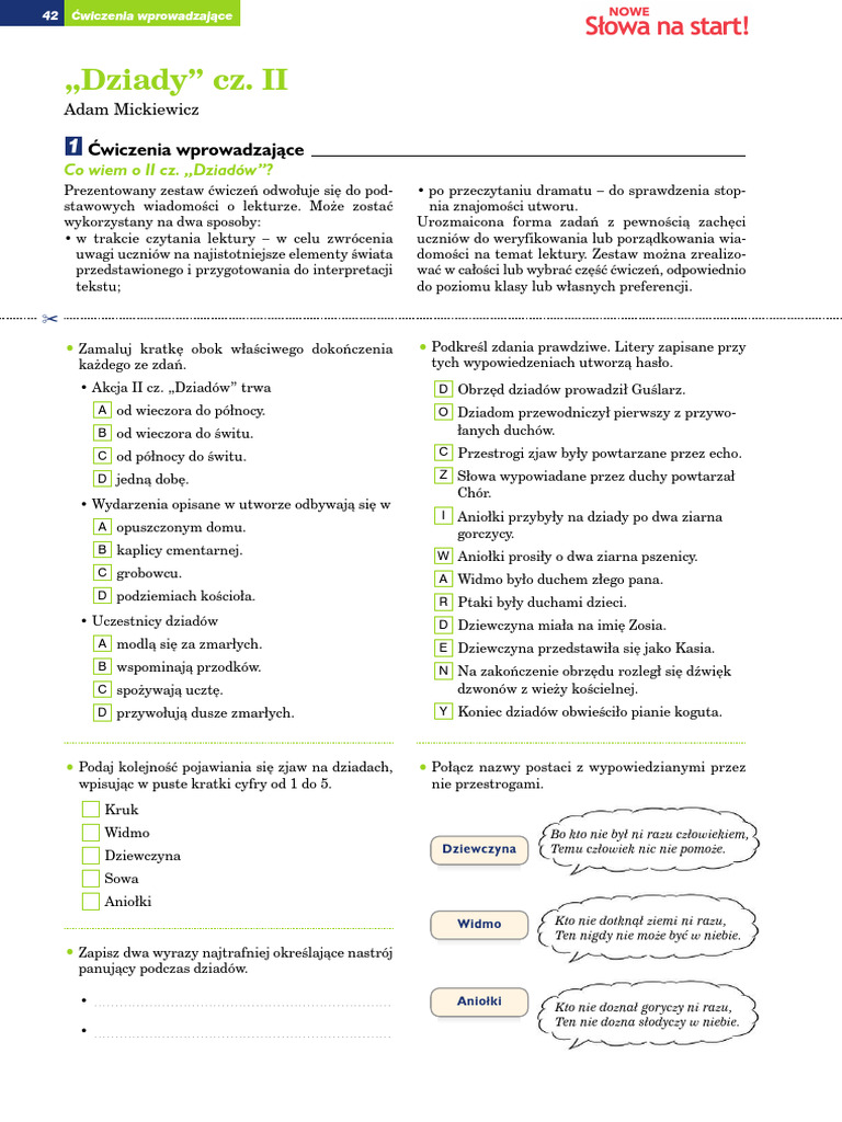 Dziady CZ II Lektura Obowiazkowa Cwiczenia Wprowadzajace | PDF