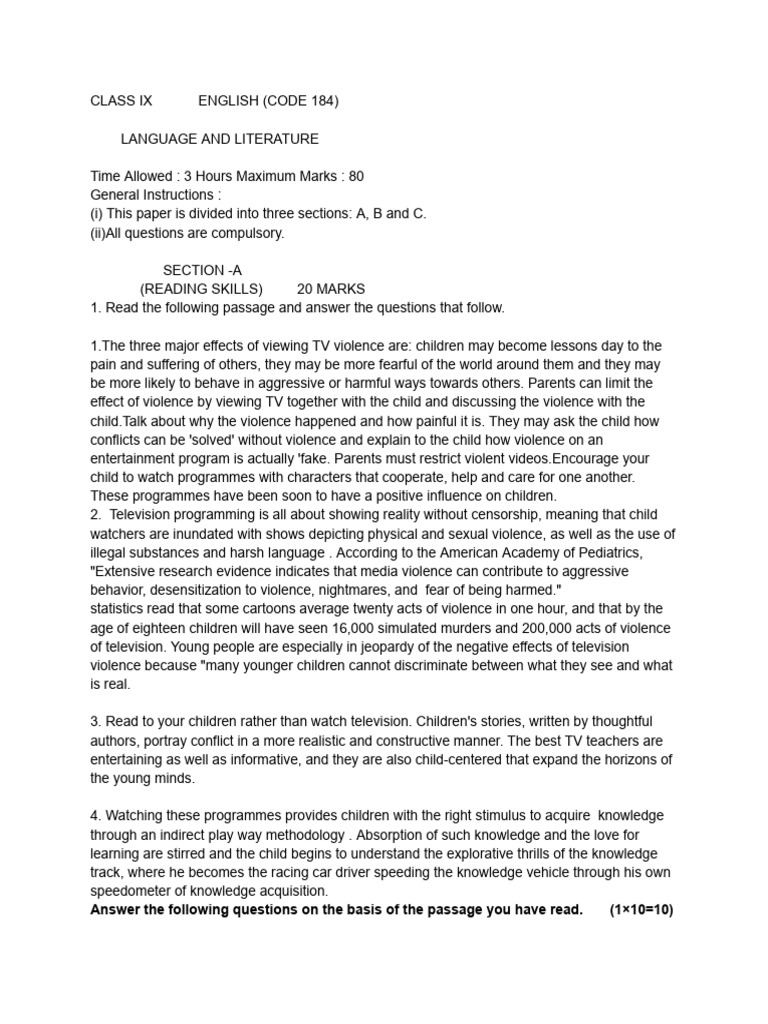 Class Ix English (Code 184) | PDF