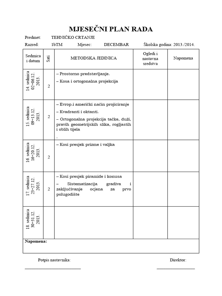 Mjesecni Plan Rada-Decembar | PDF