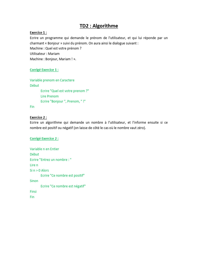Exercice Corrigé Algorithmes | PDF | Informatique | Mathématiques appliqués