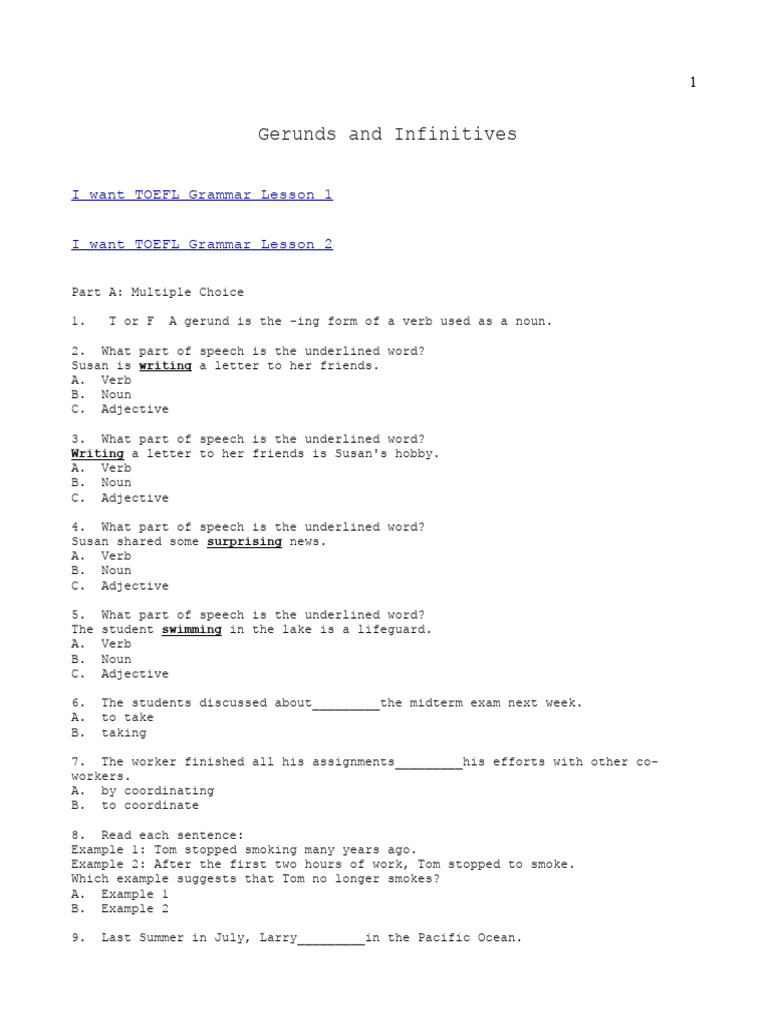 Gerunds and Infinitives Quiz | PDF | Part Of Speech | Verb