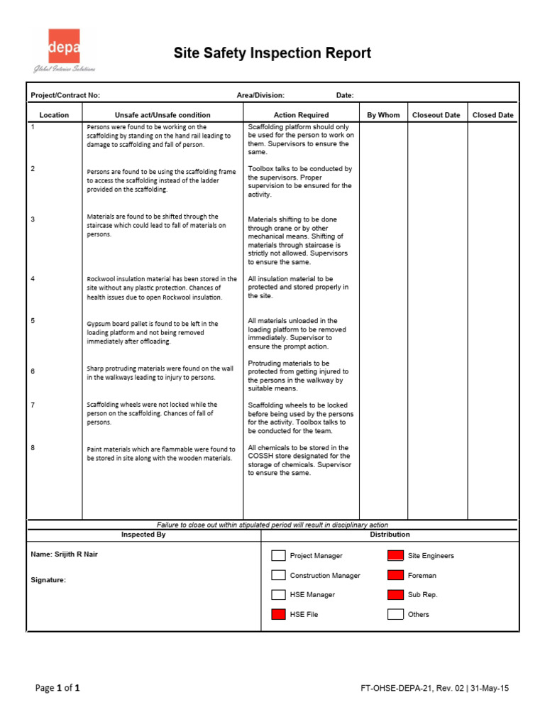 Site Safety Inspection Findings Report | PDF | Scaffolding ...