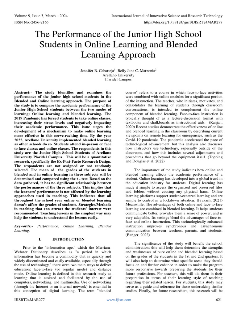 The Performance of the Junior High School Students in Online Learning and Blended Learning ...