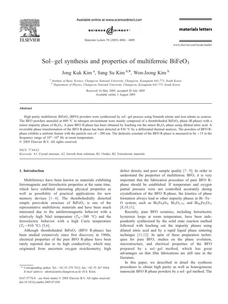 Sol-Gel Synthesis and Properties of Multiferroic BiFeO3 | PDF | Phases Of Matter | Materials