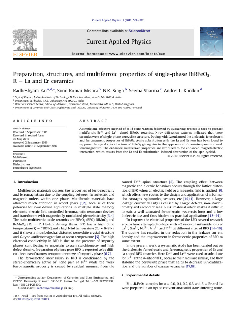 Preparation, Structures, and Multiferroic Properties of Single Phase BiRFeO3, R La and Er ...
