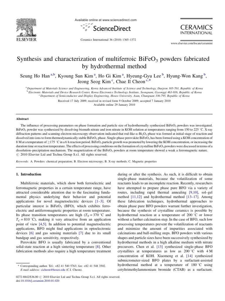 Synthesis and Characterization of Multiferroic BiFeO3 Powders Fabricated by Hydrothermal Method ...