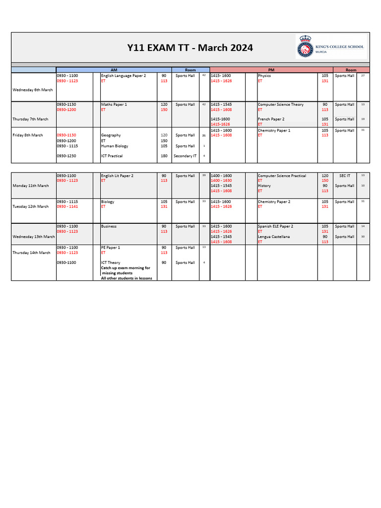 Exam Timetable March 2024 MOCKS - Student Version Y11 EXAM TT | PDF ...