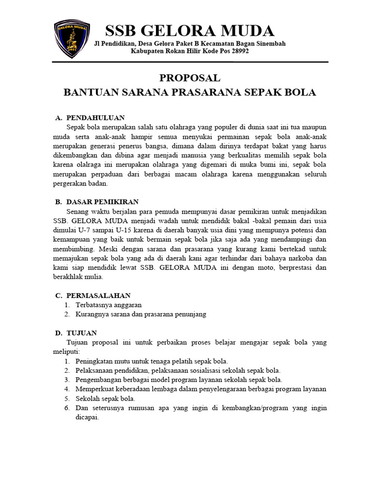 Proposal Bantuan Sarana Dan Prasarana Sepakbola SSB Gelora Muda | PDF
