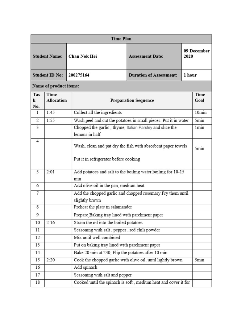 Chan Nok Hei Time Plan - Template | PDF | Potato | Garlic