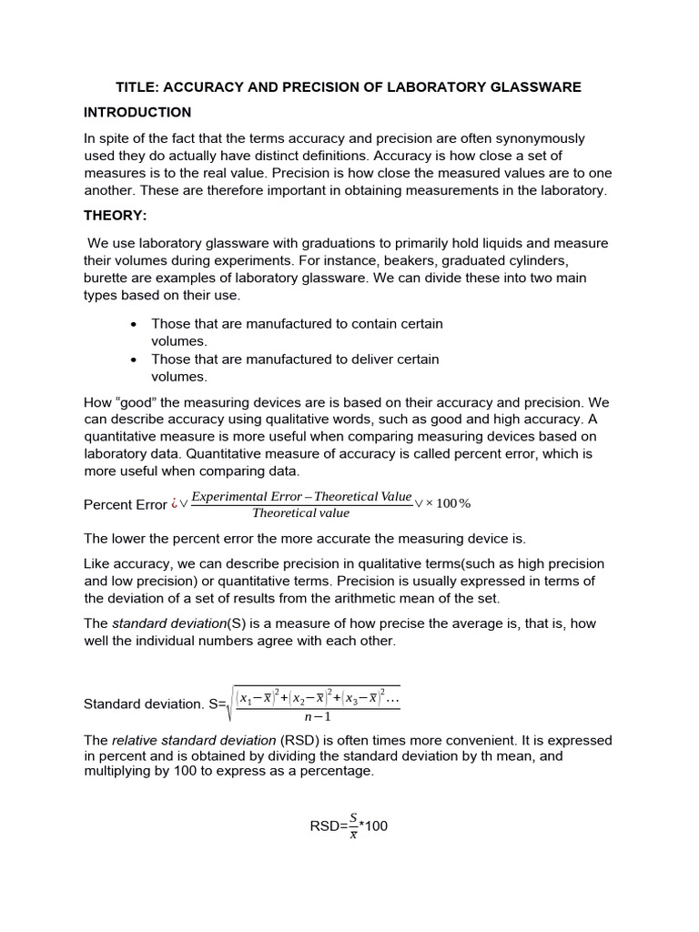 Title: Accuracy and Precision of Laboratory Glassware: Experimental Error - Theoretical Value ...